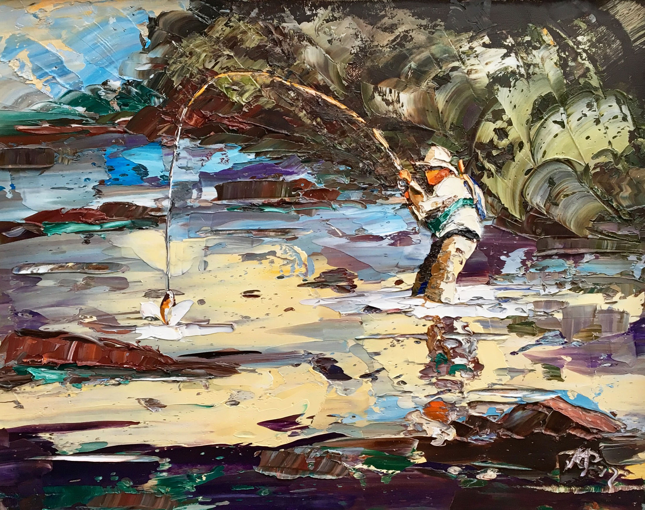 A fly fisherman catching a fish from the river,an oil painting of an ...
