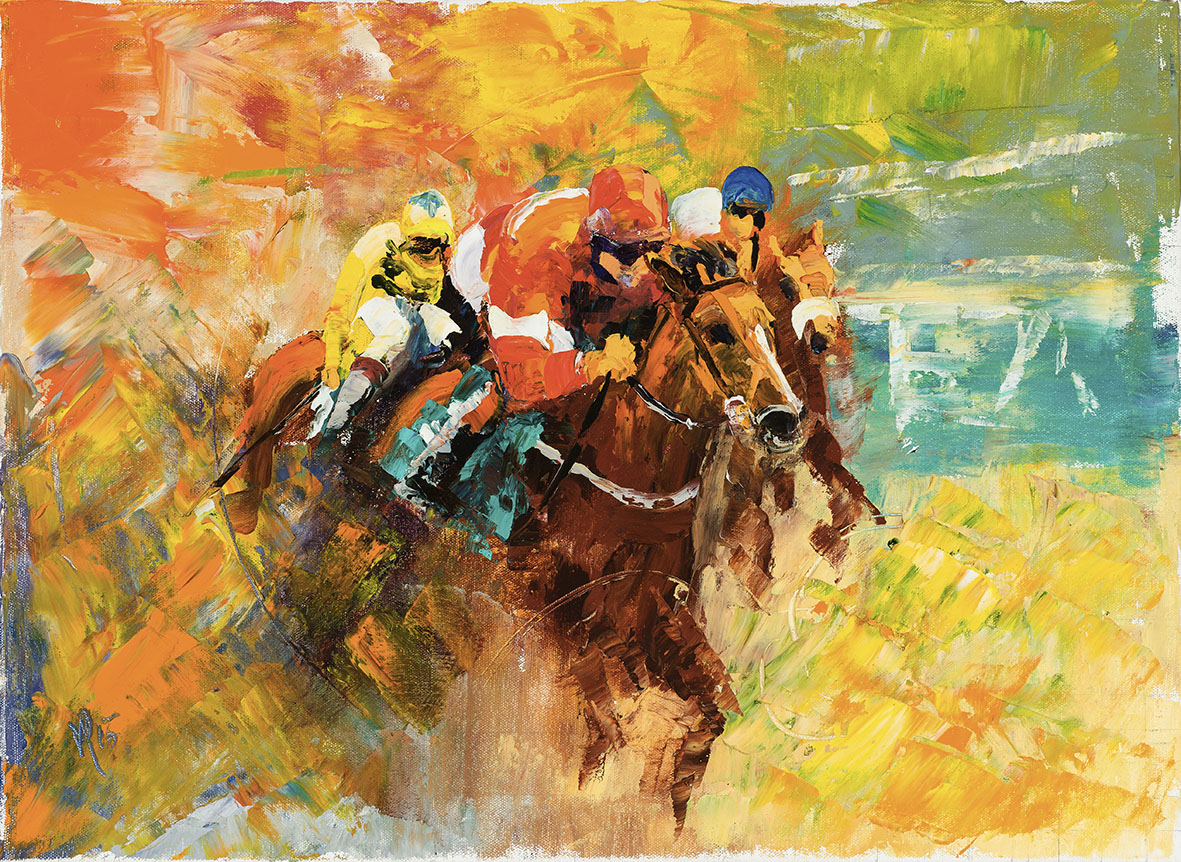 A fantastic painting of Tiggy Wiggy winning after a great race