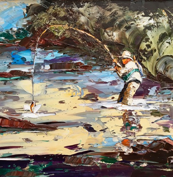 A fly fisherman catching a fish from the river,an oil painting of an ...